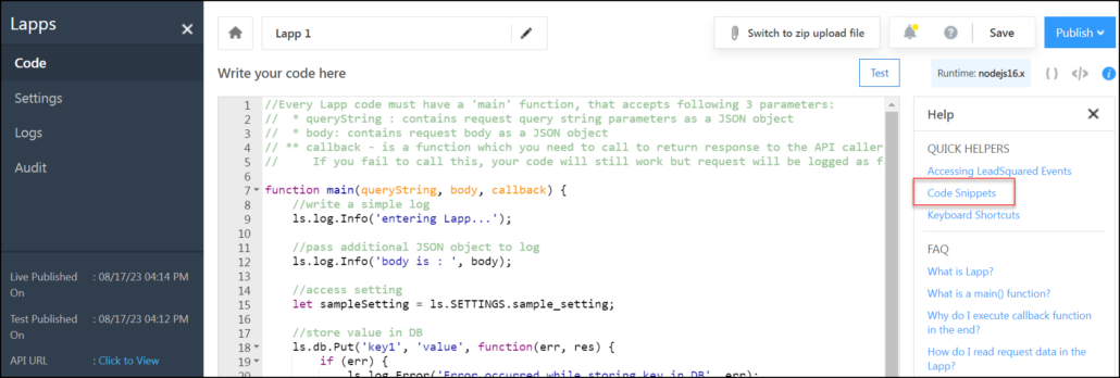 Writing Code in Lapps - Api Docs - Leadsquared